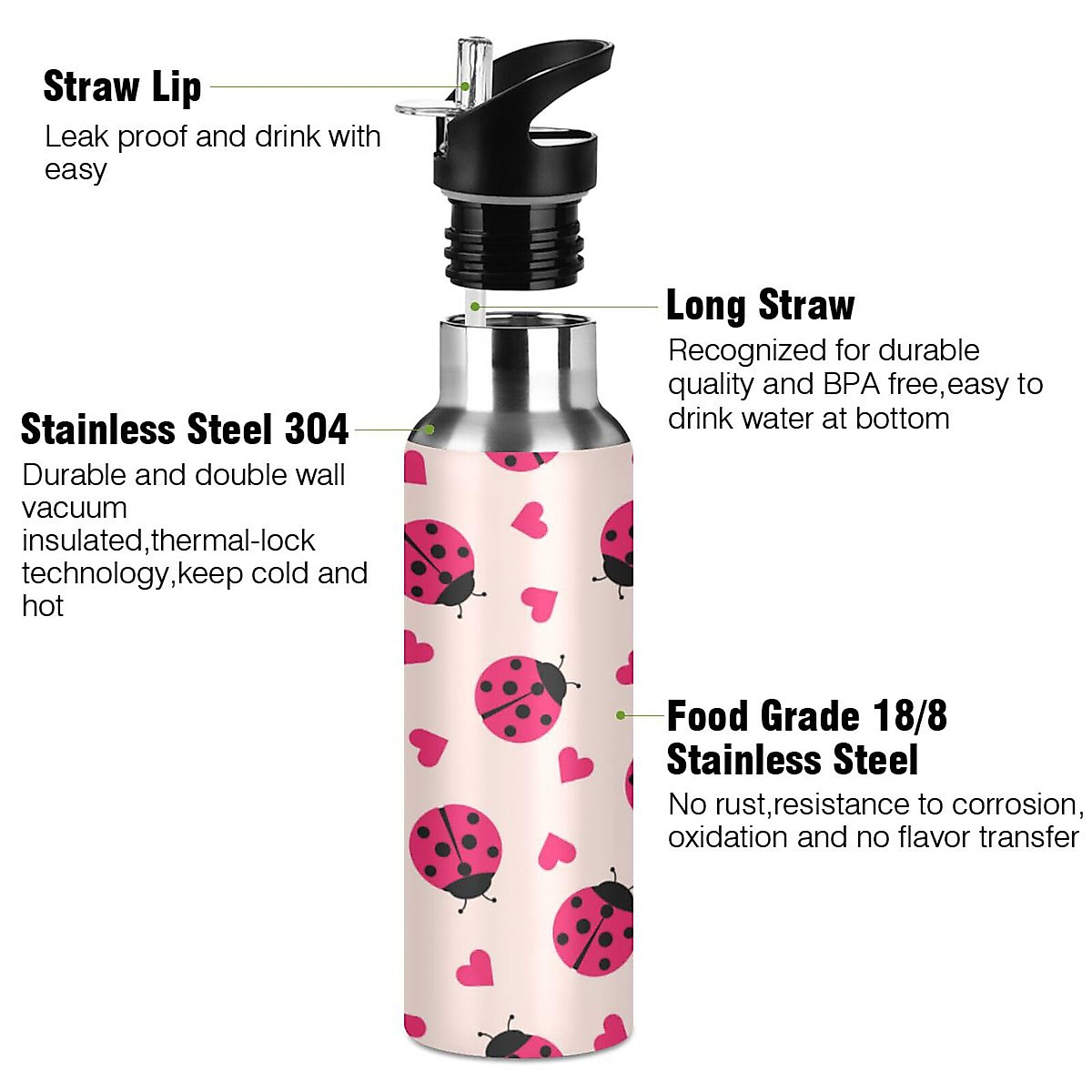 KEEPREAL Cute Ladybug Water Bottle with Straw, 22 OZ Sports Water Bottle BPA Free Stainless Steel Water Jugs for Gym, Travel, Working, Outdoor