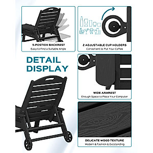 Chaise Lounge Chair Outdoor with Wheels, Double Cup Holders Adjustable 5-Position Chaise Lounge Outdoor with Wood Texture, Patio Lounge Chair for Poolside Backyard, Black