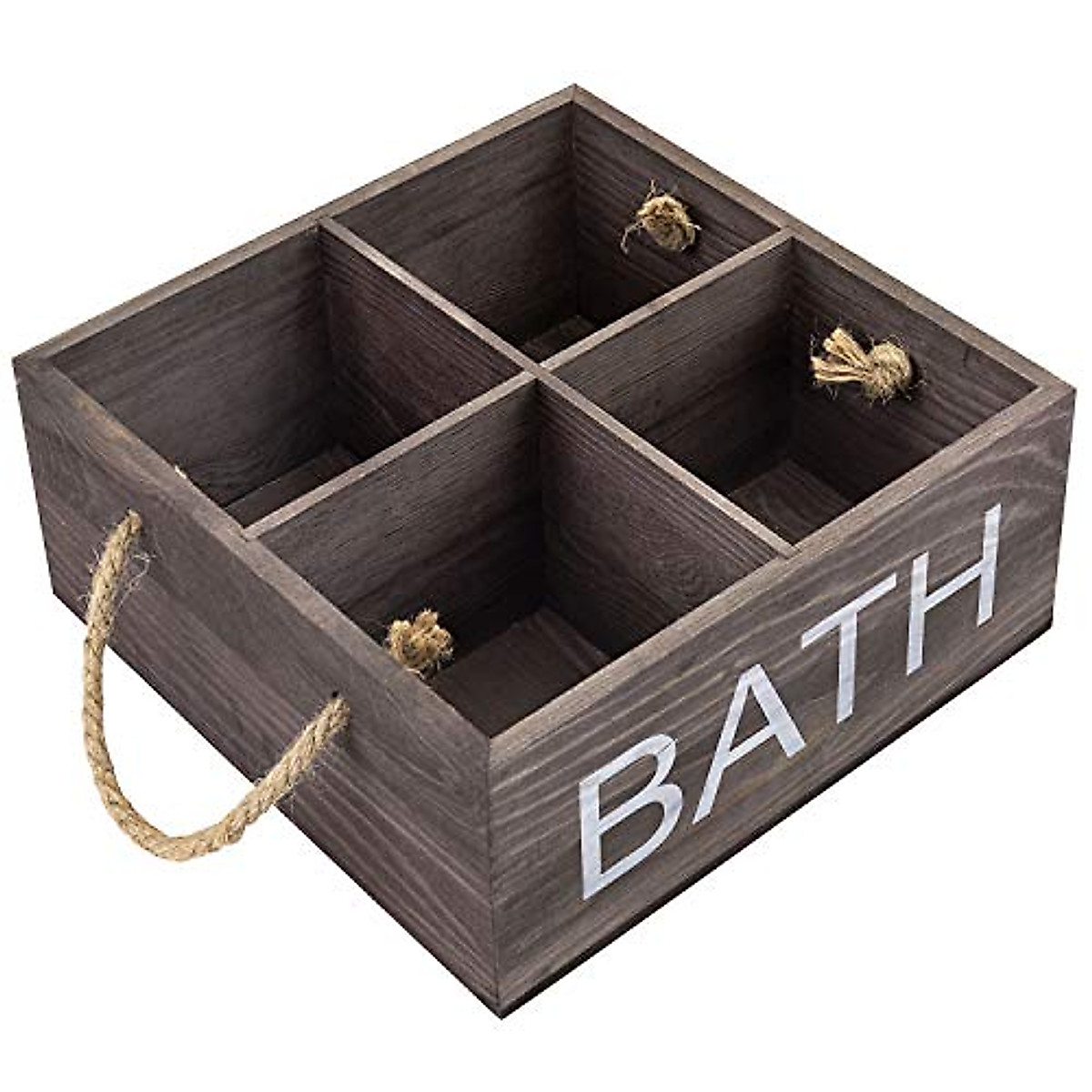 MyGift Bathroom Organizer 4 Cup Bin, 4-Compartment Rustic Dark Brown Wood Bath Caddy Storage Crate with Rope Handles