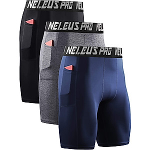 NELEUS Men's 3 Pack Compression Shorts with Pockets Dry Fit Yoga Running Shorts,6063,Black/Grey/Navy Blue,US 2XL,EU 3XL
