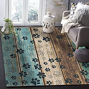 Small Area Rug 3'x5', Paw Print Filling Soft Kids Room Throw Carpet Non-Slip Bathroom Rugs, Rustic Teal Brown Beige Wood Indoor Floor Mats Kitchen Runner Rugs for Living Room Bedroom