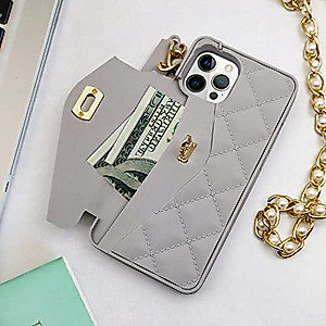 Omio for iPhone 12 Pro Max Handbag Case with Card Holder Wrist Lanyard Strap Soft Silicone Cover for iPhone 12 Pro Max Wallet Case for Women Luxury Stylish Long Pearl Crossbody Chain Case Gray