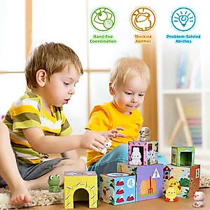 ShyLizard Toddler Farm Animal Sorting and Stacking Toys, Nesting Boxes and Blocks With Finger Puppets - Gifts for 1-3 Year Olds