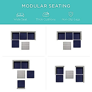 Best Choice Products 5-Piece Modular Conversation Set, Outdoor Sectional Wicker Furniture for Patio, Backyard, Garden w/ 3 Chairs, Ottoman Chair, 2 Pillows, 6 Seat Clips, Coffee Table - Gray/Navy