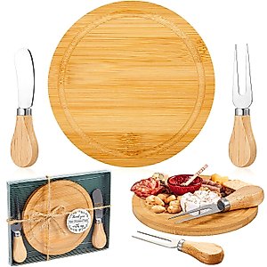 Maxcheck 1 Set Bridal Shower Baby Prizes Cheese Board Set Wood Round Mini Charcuterie Board with Knives and Forks Bulk Thank You Tags with Bridal Shower Gift Box for Guests Wedding Party (Bamboo)