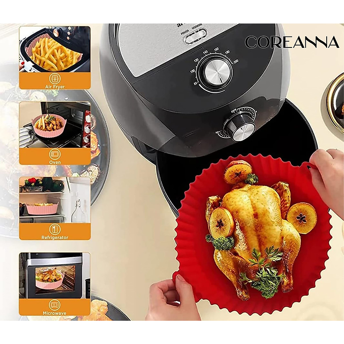 COREANNA Air Fryer Liners - "2-Pack Silicone Air Fryer Silicone Liners - Reusable, Heat Resistant, and Easy to Clean Replacement Pot for Air Fryer Oven Accessories - "Red"