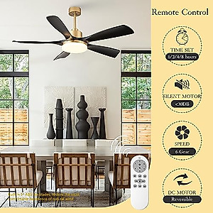 Ceiling Fan with Light 60 Inches Black and Gold, Modern Ceiling Fan with Remote Control, Flush Mount Large Ceiling Fan with LED Lights 5 Blades 6 Speed Reversible DC Motor for Bedroom Dining Room