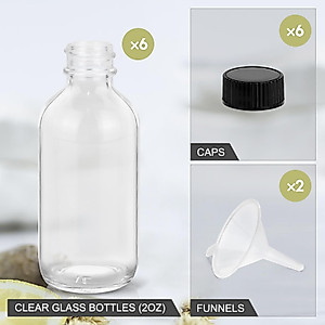 Rionisor 2OZ Small Glass Bottles with Lids and Funnels, 60ml Boston Round Glass Bottles, Perfect for Diy Essential Oils, Perfumes, Whiskey and Juices, 6 Pack Clear