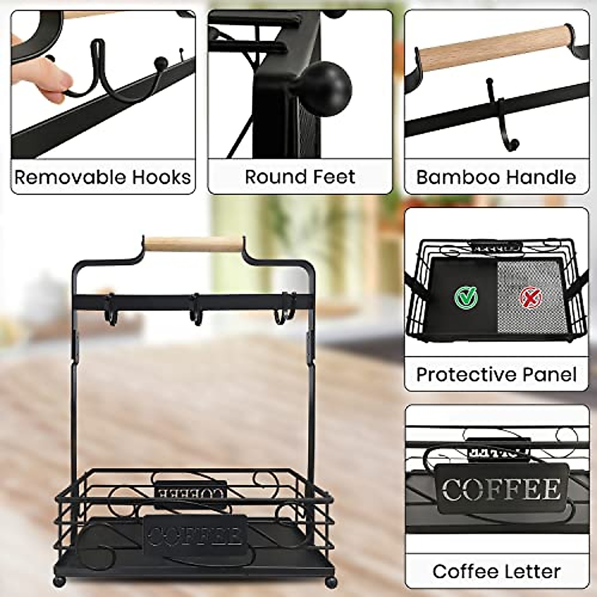 TreeLen Coffee Mug Holder with Removable Hooks, 6 Capacity Coffee Cup Holder for Countertop, Metal Coffee Mug Rack for Coffee Bar, Coffee Mug Tree for Large Mugs, Black