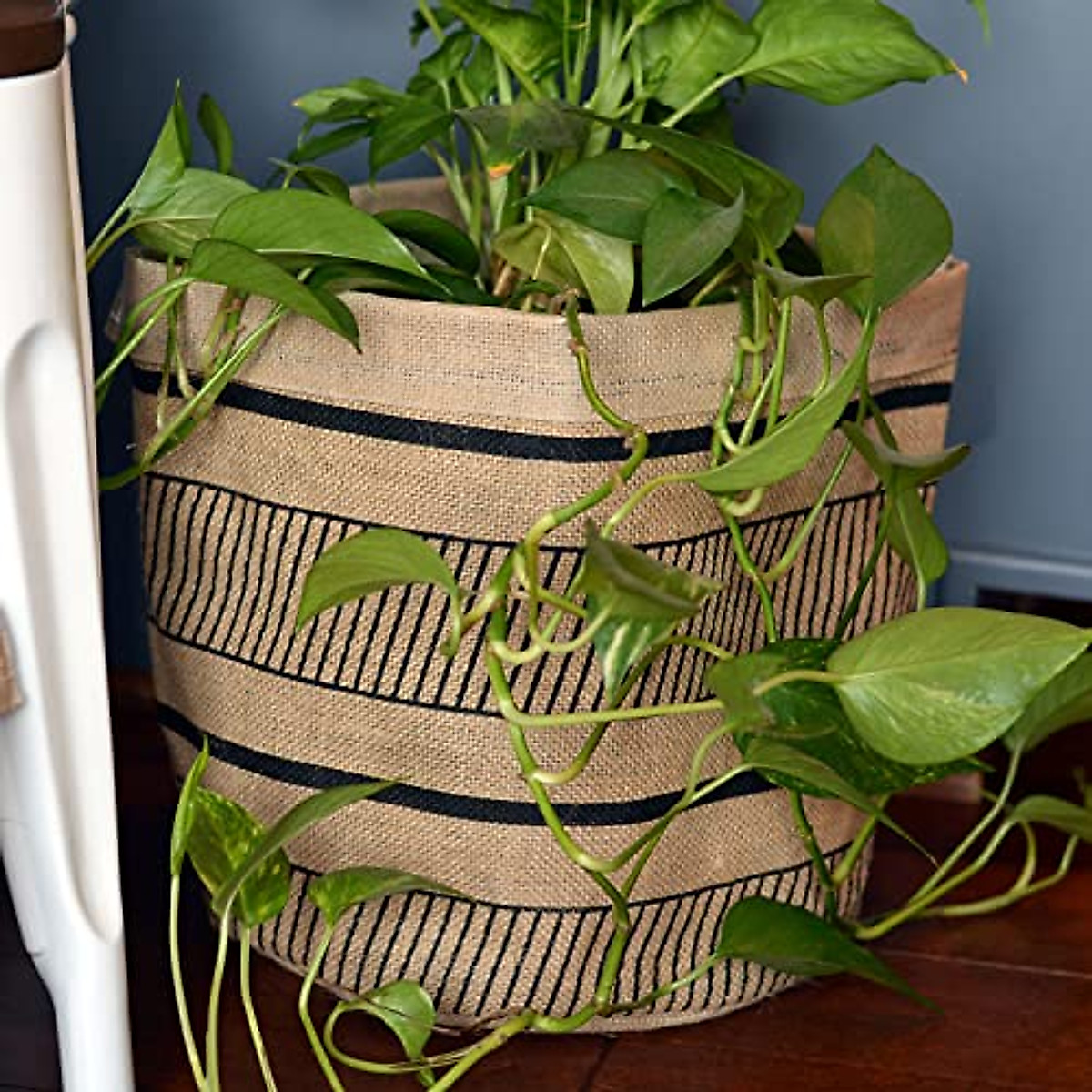 Geometric Striped Linen Plant Baskets, Set of 3, Beige and Black, Floor and Shelf Organizers, Durable Burlap Weave, Collapsible, Stitched, 13.75, 9.75 and 7.75 Inches