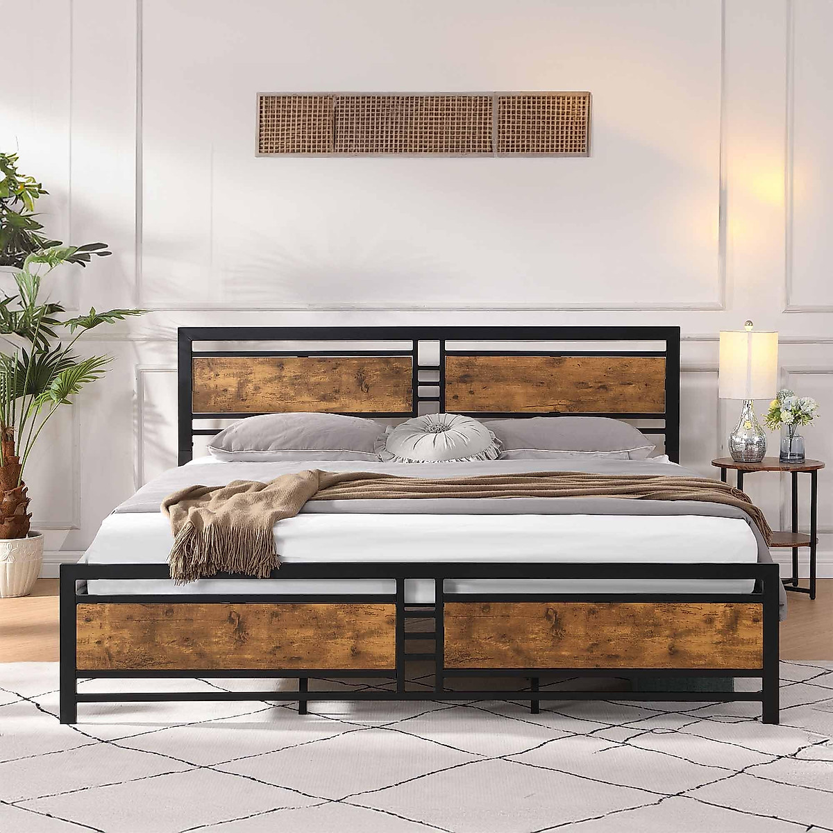 Mdhitsox Queen Bed Frame with Wood Headboard and Footboard, Heavy Duty Platform Bed Frame, Industrial Metal Mattress Foundation Camas, Noise-Free, No Box Spring Needed, Easy Assembly