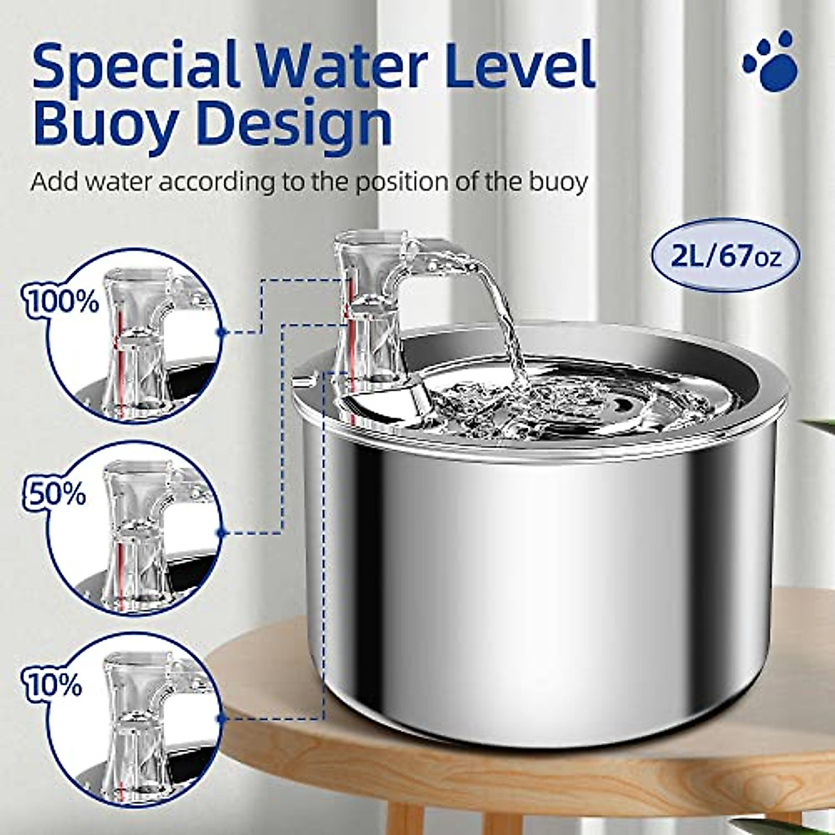 Homtyler Cat Water Fountain, Stainless Steel Inside Ultra-Quiet Pump, 2L/67oz Automatic Dog Dispenser Water Bowl, Multiple Pets Water Fountain