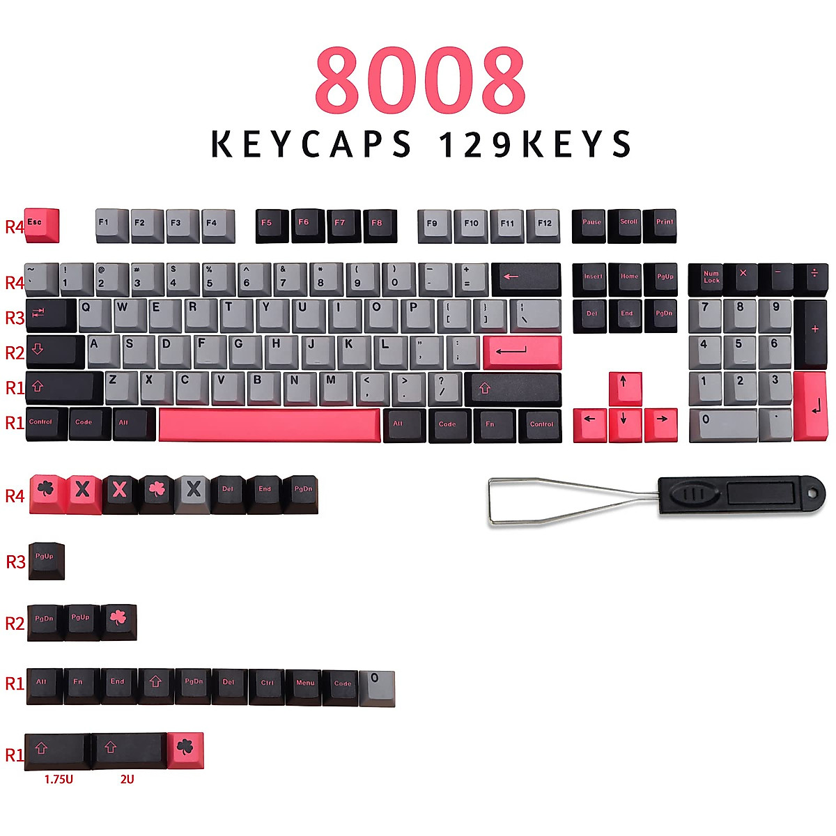 PBT GMK 8008 Keycaps, 129 Set MOLGRIA Keycaps 8008 for Gaming Keyboard, Cherry Profile Dye Sublimation Keycaps Gray and Pink with Keycap Puller for Gateron Kailh Cherry MX 104/87/74/61 60 Keyboard