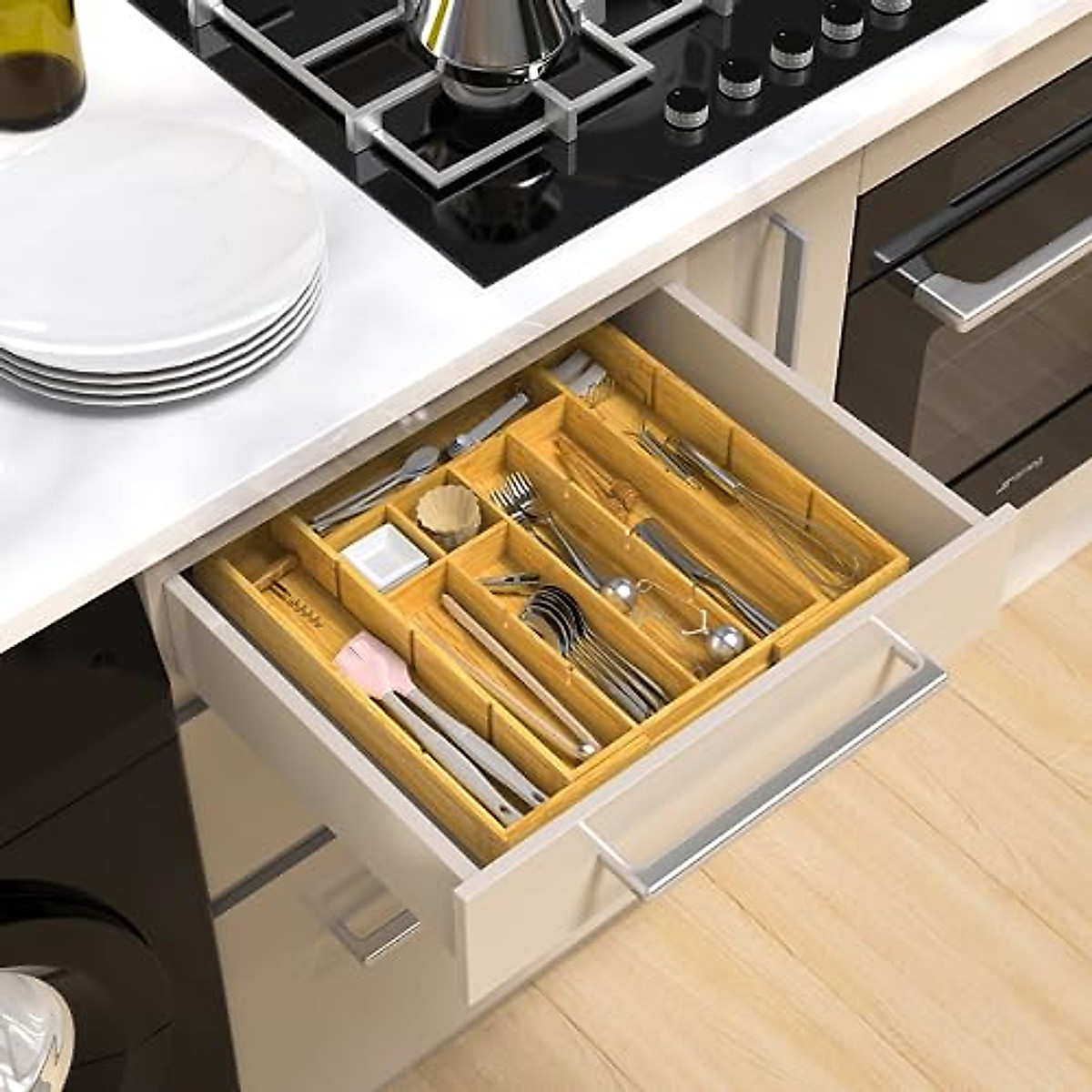 GAOLINE Bamboo Kitchen Drawer Organizer, Expandable Adjustable Silverware Drawer Organizer with 4 Adjustable Boards, Utensil Holder Cutlery Tray for Flatware, Silverware, Kitchen Utensil
