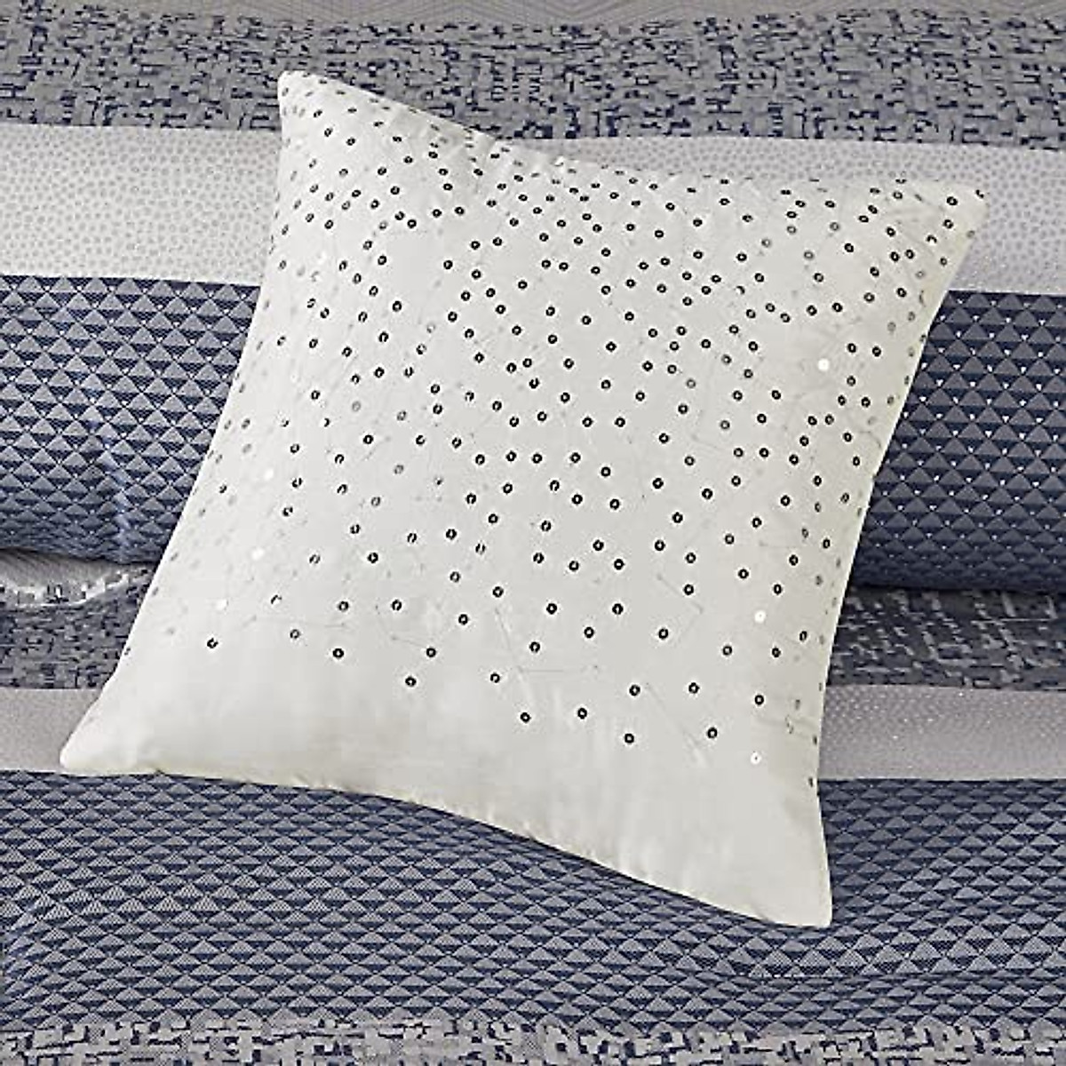 Madison Park Luxury Comforter Set-Traditional Jacquard Design All Season Down Alternative Bedding, Matching Bedskirt, Decorative Pillows, Queen(90"x90"), Rhapsody, Geometric Navy 7 Piece