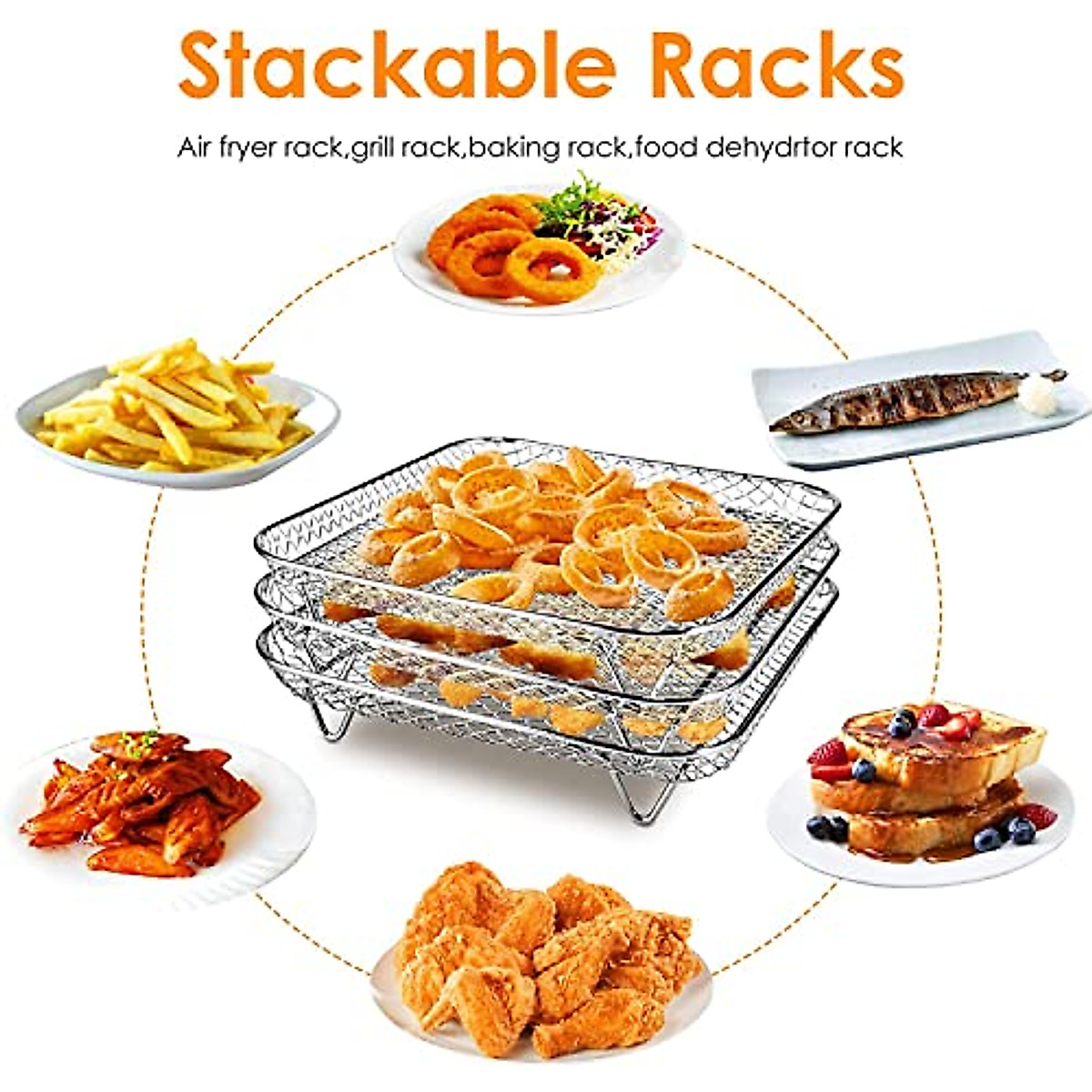 8" Air Fryer Rack,3 Stackable Square Stainless Steel Air Fryer Rack Compatible with Instant Vortex,Philips,COSORI Air Fryer, Fit all 4.2QT - 5.8QT Oven Press Cooker Dehydrator Rack Air Fryer Accessories