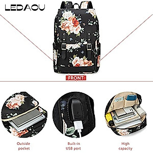 LEDAOU School Backpack for Teen Girls Women Bookbag School Bag 15.6 inch Laptop Backpack Daypack for School Travel (Floral Black-2)