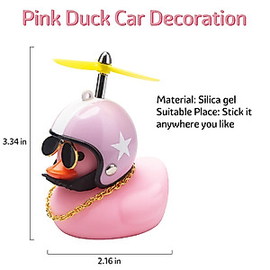 wonuu Pink Duck Car Dashboard Decorations Rubber Duck Car Ornaments Cool Duck with Propeller Helmet Sunglasses Gold Chain (Pink Hat White Star)