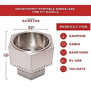 Dragonfire Portable Smokeless Firepit, Accessories Included: Grill, Base Stand, Carrying Case. Wood Pellet/Log Burning Outdoor Fire Pit. Stainless Steel, 22 Inch, Nesting Base for Compact Storage.