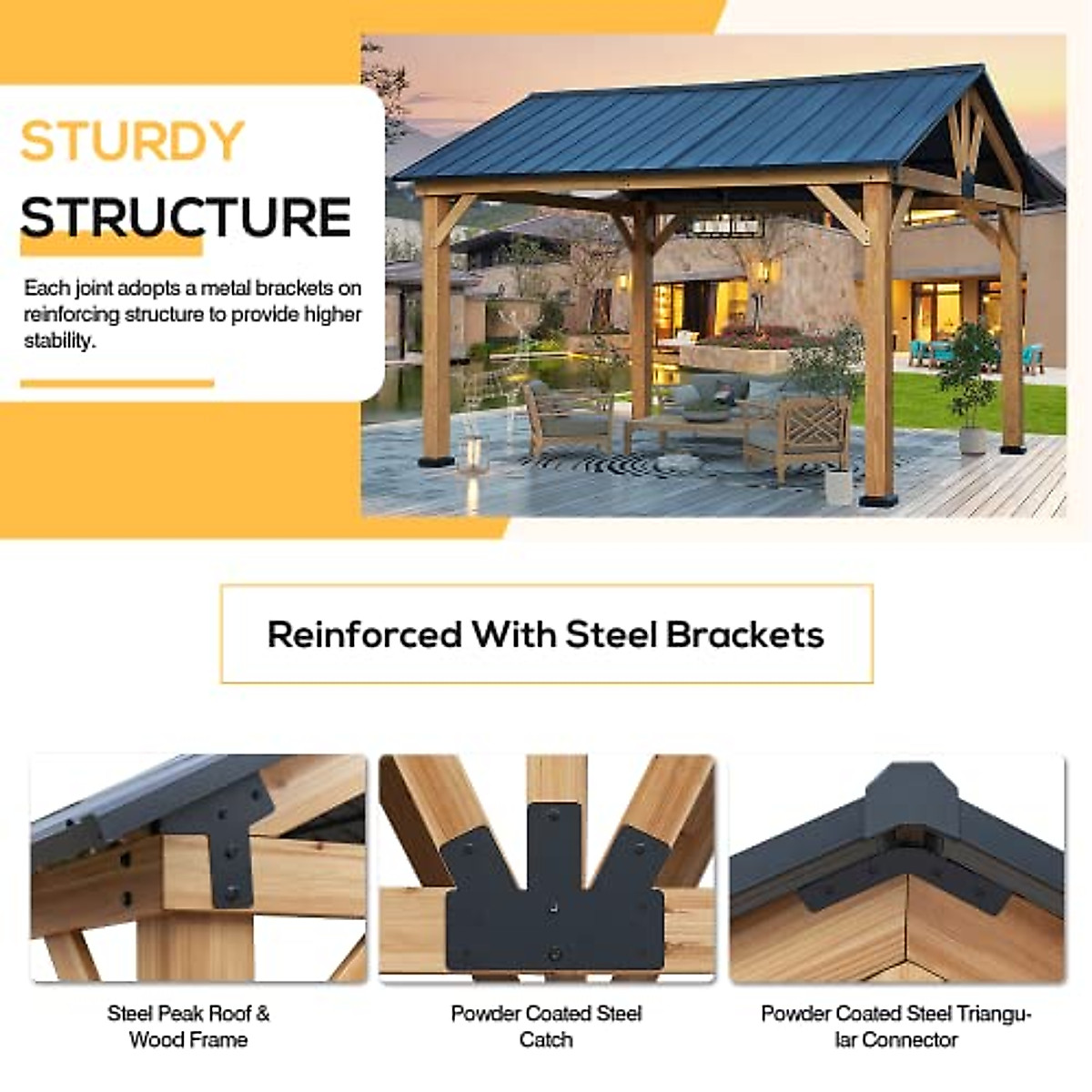 YOLENY 11' x 13' Wood Gazebo Outdoor Gazebo Spruce Wood Framed Gazebo with Black Steel Hardtop Roof for Garden, Patio, Lawns, Parties