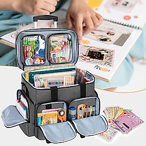 CURMIO Rolling Scrapbook Tote on Wheels, Scrapbook Storage Bag with Detachable Trolley and Bottom Wooden Board, Rolling Craft Bag for Scrapbooking Supplies, Gray