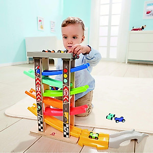 TOP BRIGHT Toddler Toys Race Track for 2 Years Old Boy Gifts - Baby Car Toy Car Ramp Vehicle Playsets with 4 Wooden Cars & Garage