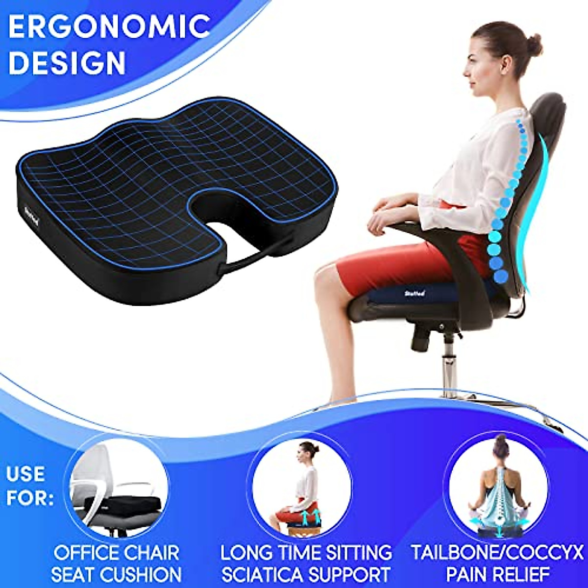Stuffed Seat Cushion for Office Chair, Desk Chair Cushion for Long Sitting, Ergonomic Butt Cushion for Desk Chair, Gel Office Chair Seat Cushion, Memory Foam Butt Support for Chair