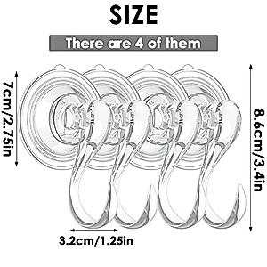 Theshai 4 Pack Suction Cup Heavy-Duty Hook, Large Clear Reusable Wreath Vacuum Hook, for Glass Windows Windshield Tile Kitchen Bathroom Mirror Shower Wall Terrarium to Hang Bags Coats Umbrellas