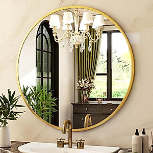 HARRITPURE Round Mirror 30 Gold Wall Mounted Circle Mirrors Vanity Mirror with Brushed Aluminum Alloy Frame Modern Decoration for Bathroom, Living Room, Vanity, Bedroom, Entryway
