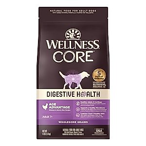 Wellness CORE Digestive Health Dry Senior Food with Wholesome Grains, Advanced Age for Dogs Over 7-Years Old, for Dogs with Sensitive Stomachs, Made in USA with Real Chicken (Senior, 4 Pound Bag)