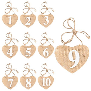 AHANDMAKER 10 Pcs Burlap Table Number Tags, Heart Shape Wedding 1-10 Table Numbers Signs Vintage Rustic Wine Hanging Card Banner with Ropes for Wedding Home Decoration Party Valentines Day Gift