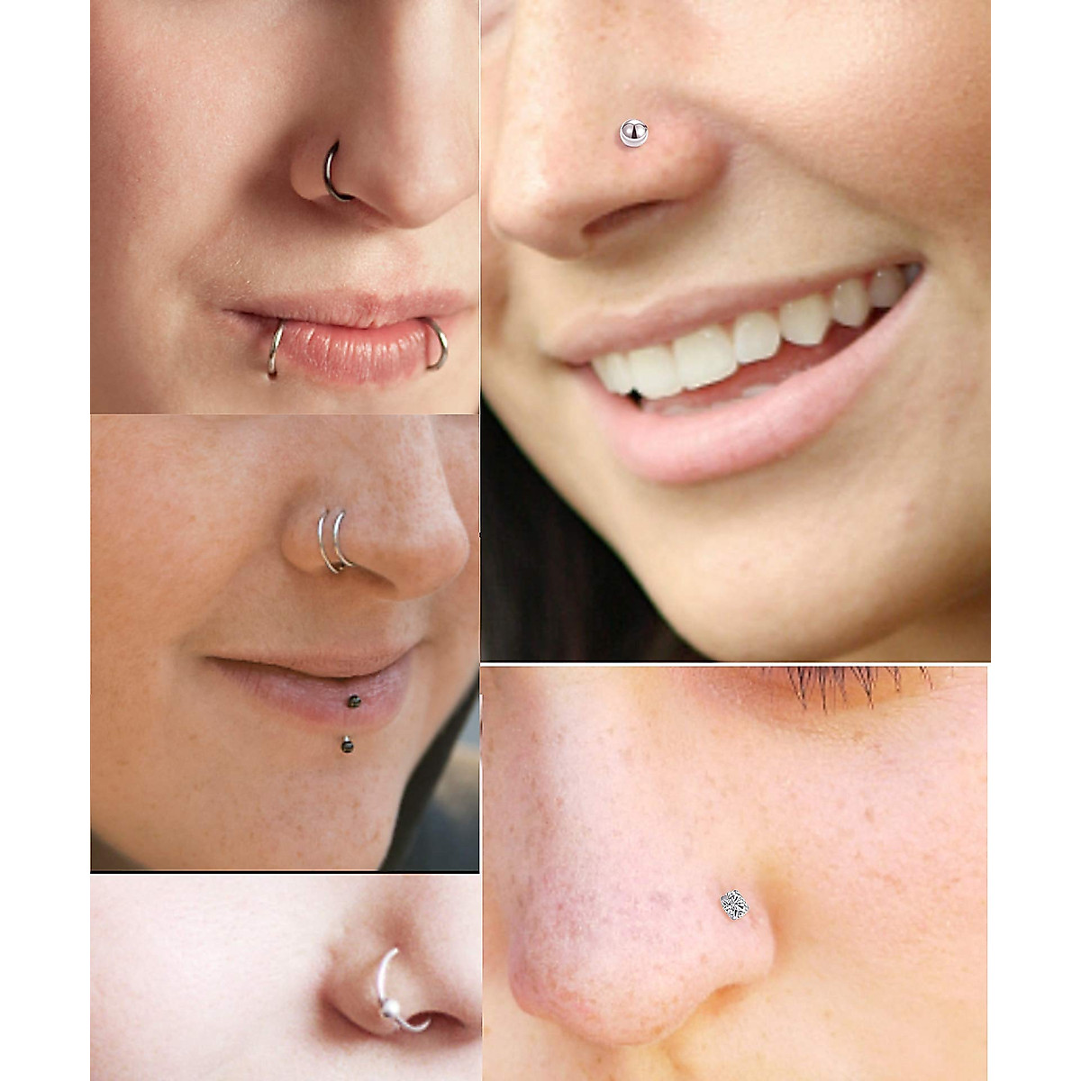 Ofeiyaa 38Pcs Stainless Steel Nose Rings Geometric Nose Studs Septum Ring Hoop Cartilage Stud Nose L & I Shape Body Piercing Jewelry for Women Silver Rose Gold Tone (A2:38pcs,S Silver Stone)