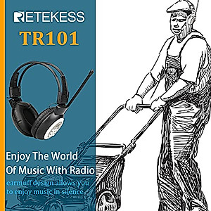 Retekess TR101 FM Radio Headphones, Headset for Mowing, Digital Wireless Radio for Mowing, Walking, Riding, Powered by AA Battery (Black)