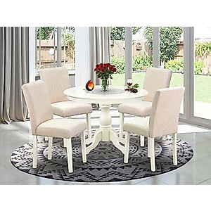 East West Furniture HBAB5-LWH-02 5 Piece Dining Room Table Set Includes a Round Dining Table with Pedestal and 4 Light Beige Linen Fabric Upholstered Parson Chairs, 42x42 Inch, Linen White