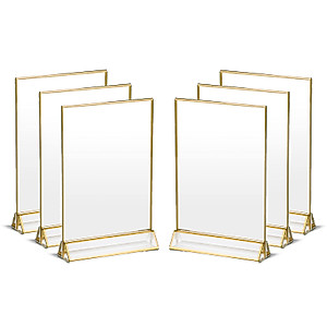 UNIQOOO Acrylic Sign Holders with Golden Border, Portrait View, Pack of 6 | 4x6 Inches Double Sided Clear Frame, Perfect for Wedding reception, Centerpiece, Decoration, Party,Anniversary, Event