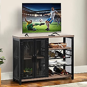 KFO Industrial Bar Cabinet for Liquor and Glasses, Farmhouse Metal Wood Coffee Bar Cabinet, Sideboard Buffet Cabinet, Wine Rack Table with Mesh Door for for Home Kitchen Dining Living Room, 40 Inch…