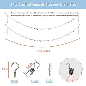 Stuffed Animals Storage Chain Organizers, LONCHDAN 80" Cotton Hanging Storage Chain with 20 Metal Clips Stuffed Animal Display Holder Chain for Wall or Corner Nursery Play Room