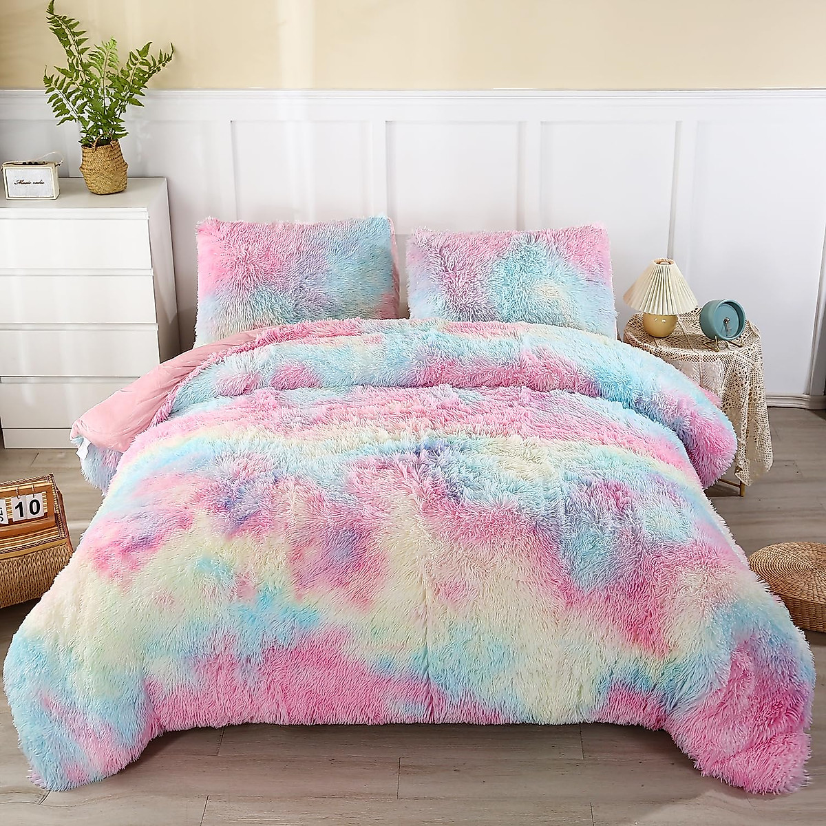 WINLIFE Faux Fur Comforter Set Twin Size for Girls Bedding Plush Shaggy Comforter Sets Gradient Ombre Tie Dye Bed Set Fuzzy Furry Long Hair Fluffy Comforter (3Pcs, Twin, Rainbow)