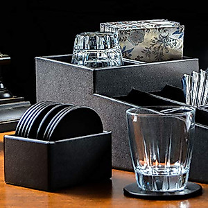 Dacasso Black Leather 10 Round Coaster Set with Holder