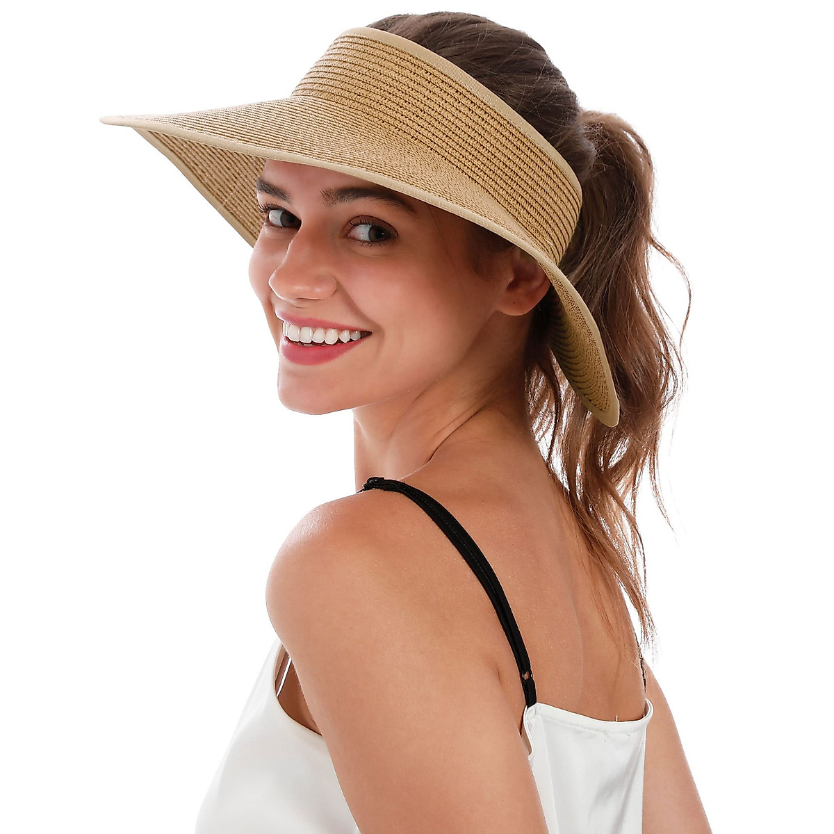 Beach Hats for Women Foldable Womens Visor Sun Hat Womens Wide Brim Hats for Women Fashionable Hats with Ponytail Hole On Top UV Protection Fishing Hat, Natural