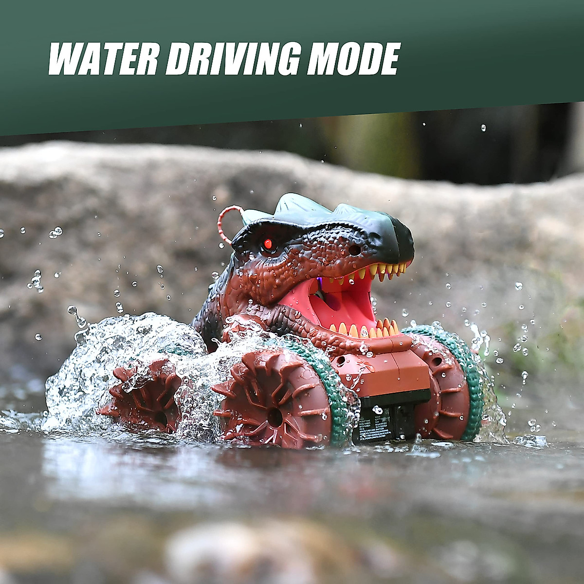 BEZGAR Remote Control Dinosaur Car, Dinosaur Monster Trucks for Boys Age 4-7,2.4Ghz Amphibious Remote Control Car with Light & Spray Function,Waterproof Dinosaur Outside Toys for Kids Ages 8-12