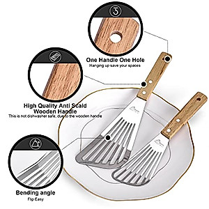 HOTEC Stainless Steel Thin Slotted Fish Turner Spatula with wooden handle