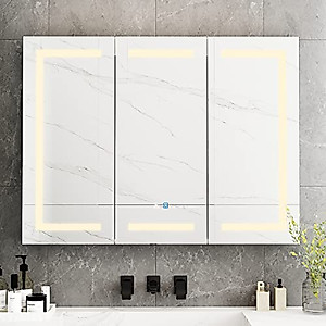 ECACAD LED Lighted Bathroom Medicine Cabinet with Mirror & Shelves, Wall Mounted Bathroom Mirror Cabinet with 3 Doors, Defogger， Adjustable Light Color & Brightness, White