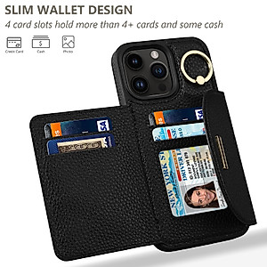 Keallce Wallet Case for iPhone 15 Pro Max 6.7'', Flip Case with Card Slots, Ring Holder Kickstand, PU Leather Protective Folio Cover for Women, Black