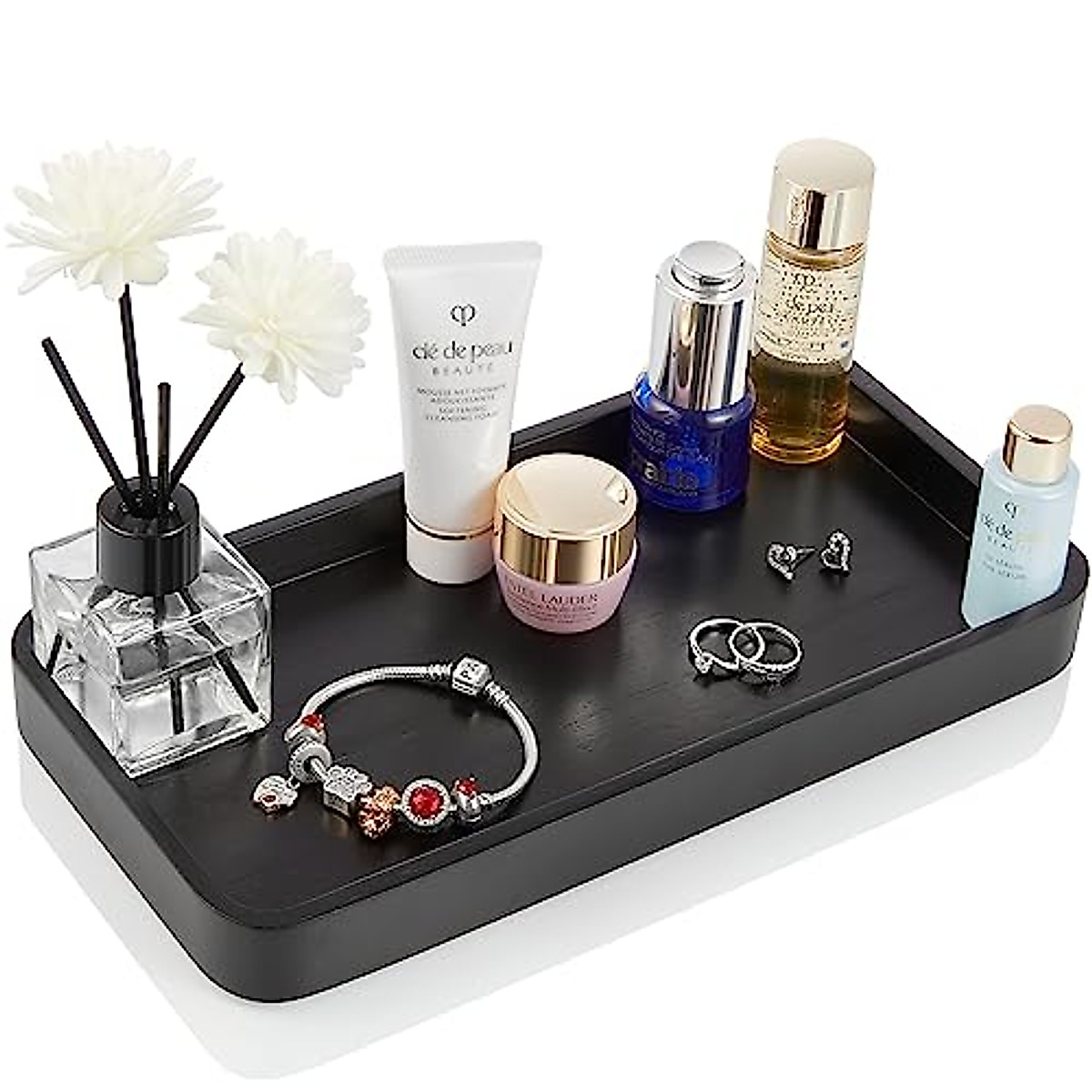 ALELION 10" Bathroom Vanity Tray for Counter - Wood Tray for Dresser Tops Perfume Jewelry Candle Key Catchall - Black Kitchen Countertop Organizer for Soap Dispenser and Sponge Holder