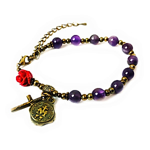 Immaculate Heart of Mary Purple Amethyst Stone and Red Rose Rosary and Bracelet Set - Catholic Rosary - Rosarios Catolicos - Catholic Gifts Women - Regalos Catolicos Para Mujer, Stone, Amethyst
