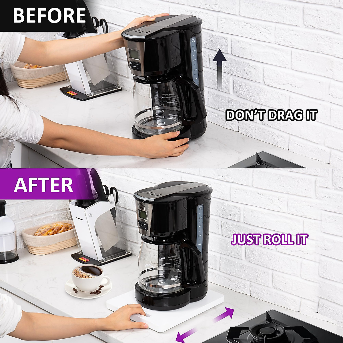 MissionMax White Bamboo Appliance Sliding Tray: Streamline Your Kitchen Counter Top with a Roll-out Shelf for Standard US Coffee Maker & Small Appliances, Fits Perfectly Under Cabinet