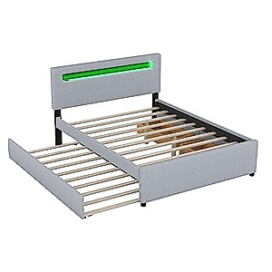 BOVZA Queen Size Upholstered Platform Bed with 2 Storage Drawers and Twin Trundle, LED Lights and USB Charging, Linen Queen Bed Frame with Headboard and Wood Slat Support, Gray