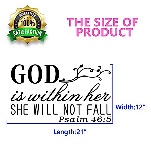 SEATUNE Wall Decals for Women, Wall Decals for Bedroom, God Quotes Bible Verse Christian Religious Prayer Jesus Faith Positive Vinyl Art Decor Home Stickers God is Within Her She Will Not Fall 21"X12"
