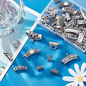 PH PandaHall 50 pcs 10 Styles Tibetan Style Alloy Hanger Links Curved Noodle Tube Beads Long Hollow Spacers Beads with Loop for Bracelet Necklace DIY Jewelry Making Antique Silver